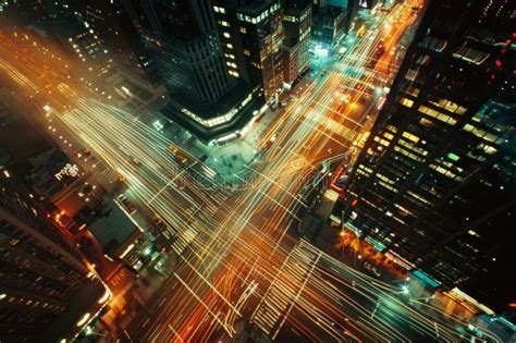 A Bustling City Intersection At Night With Streams Of Traffic Creating