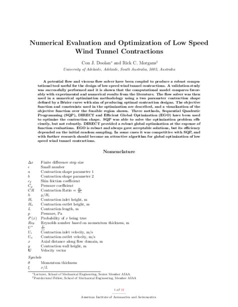 Pdf Numerical Evaluation And Optimization Of Low Speed Wind Tunnel Contractions