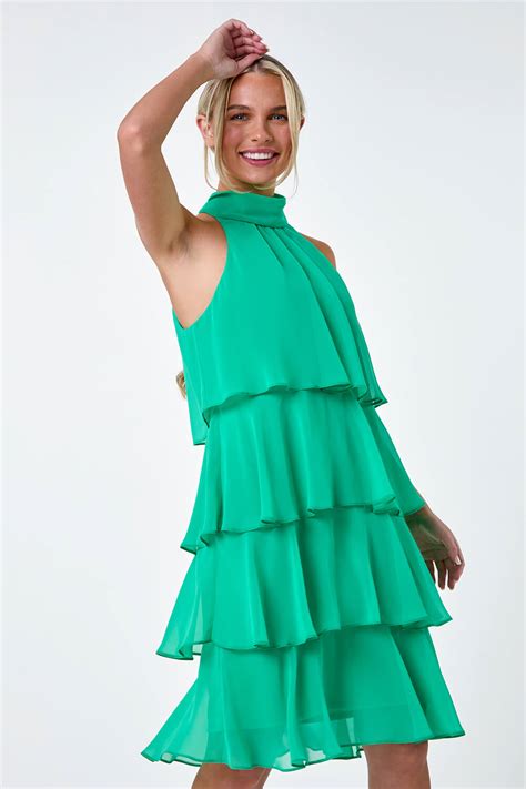 Green Petite Tie Neck Tiered Dress Roman Uk