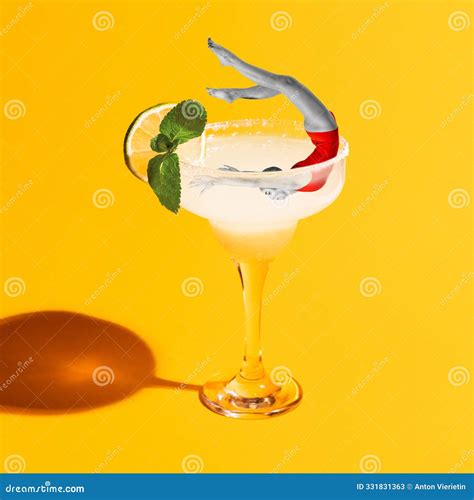 Poster Contemporary Art Collage Woman Dive To Glass Of Margarita Cocktail And Swimming