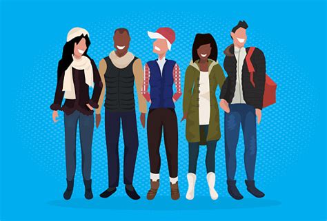 혼합 인종 사람들 그룹 겨울 옷 입고 서 함께 여성 남성 만화 캐릭터 전체 길이 파란색 배경 평면 수평 여자에 대한 스톡 벡터 아트 및 기타 이미지 Istock