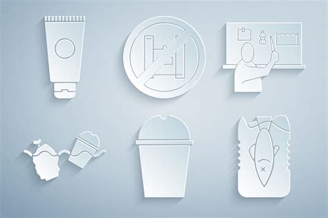 종이 유리 물을 설정 플라스틱 오염을 중지 바다의 문제 가방 포스터와 크림 화장품 튜브 아이콘을 말한다 벡터 3차원 형태에 대한 스톡 벡터 아트 및 기타 이미지 Istock