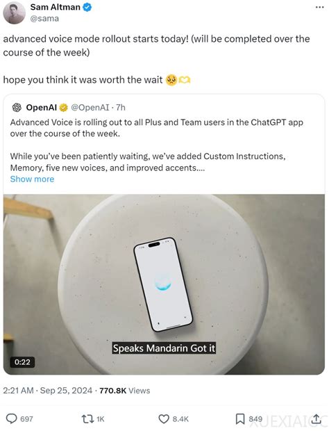终于来了！openai开放gpt 4o高级语音，还用中文说「对不起」 学习aigc
