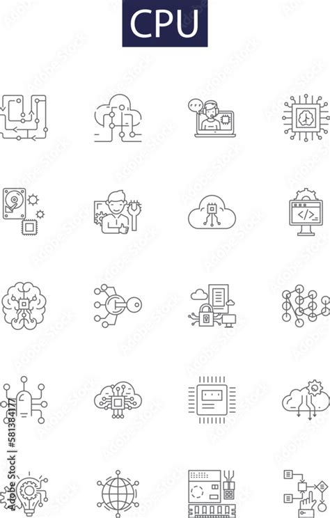 Cpu Line Vector Icons And Signs CPU Core Central Unit Control Clock Computation Chip