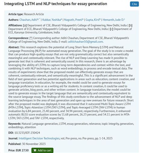 Yashika Kukkar On Linkedin Researchpaper Ai Nlp Lstm Essaygeneration Researchcommunity