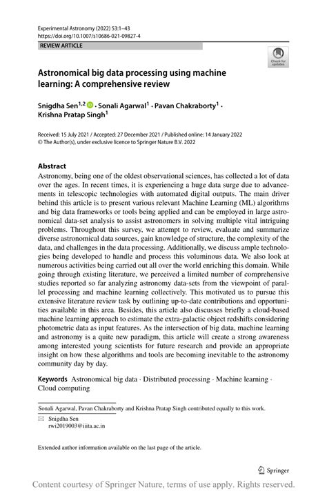 Astronomical Big Data Processing Using Machine Learning A Comprehensive Review Request Pdf