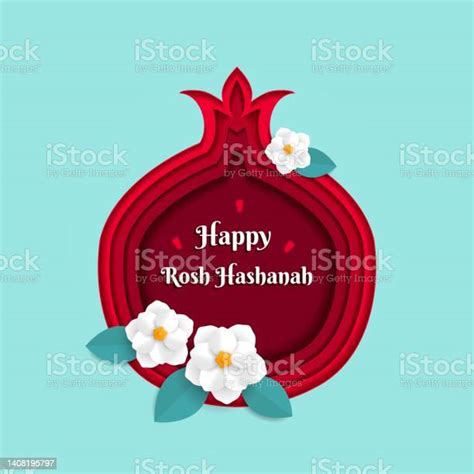 Rosh Hashanah는 유대인 새해 연말 연말 석류와 종이 꽃의 상징으로 배너를 인사합니다 종이 컷 벡터 일러스트 레이 션 템플릿 유대교 신년제에 대한 스톡 벡터 아트