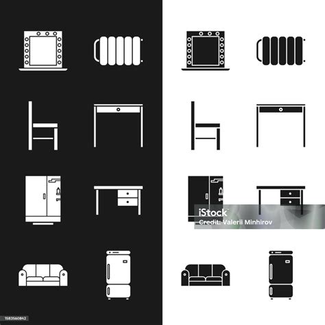 나무 테이블 의자 조명이 있는 화장 거울 난방 라디에이터 샤워실 사무실 책상 냉장고 소파 아이콘을 설정합니다 벡터 가구에 대한 스톡 벡터 아트 및 기타 이미지 Istock