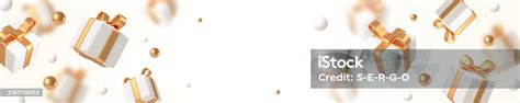 사실적인 3d 렌더링 선물 상자가 있는 배너입니다 황금 활과 리본이 달린 흰색 선물 상자 복사 공간이 있는 벡터 수평 배경입니다 3차원 형태에 대한 스톡 벡터 아트 및 기타