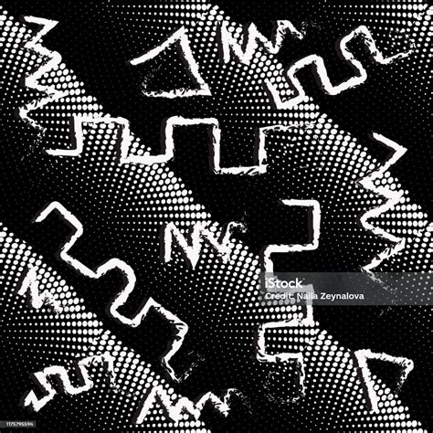 하프 톤 부족 점선 벡터 원활한 패턴입니다 표면 점 장식흑백 질감 배경입니다 기하학적 반복 배경 지그재그 라인 낙서 손으로 그린 그런지 그리스 어장 0명에 대한 스톡 벡터