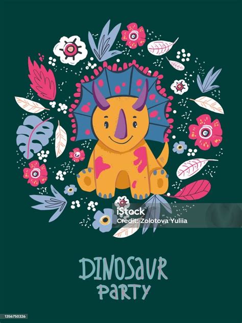 귀여운 만화 작은 공룡 벡터 일러스트 카드 꽃 원 공룡 파티 귀여운 심플 한 디노 아기 옷을 디자인에 대 한 좋은 공룡에 대한 스톡 벡터 아트 및 기타 이미지 Istock