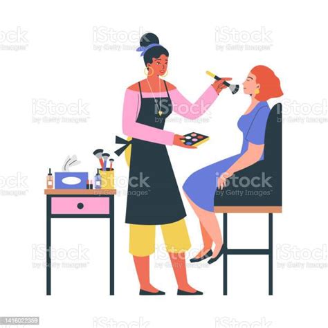 메이크업 아티스트의 의자에 앉아있는 여성 흰색 배경에 고립 된 평면 벡터 일러스트레이션 메이크업 아티스트에 대한 스톡 벡터 아트