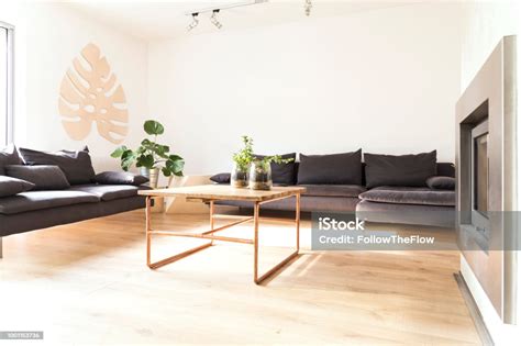세련 된 스 칸디 나 비아 인테리어 디자인 소파와 나무 테이블 벽난로 식물과 갈색 나무 바닥을 가진 밝고 밝은 방 0명에 대한 스톡 사진 및 기타 이미지 Istock