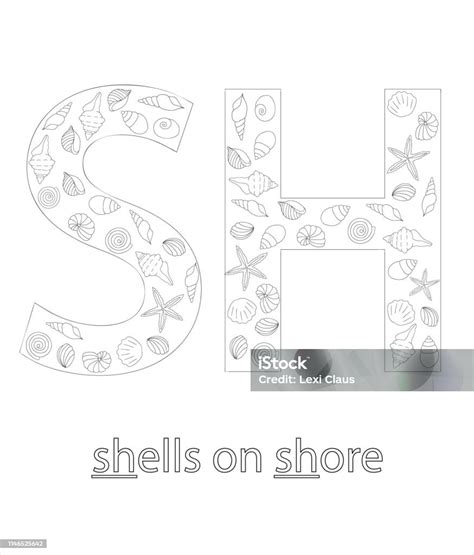 흑백 알파벳 문자 S 파 닉스 플래시 카드 모래 배경에 만화 스타일의 포탄으로 독서를 가르치는 귀여운 Sh 사운드 어린이를 위한 색칠 공부 페이지 0명에 대한 스톡 벡터