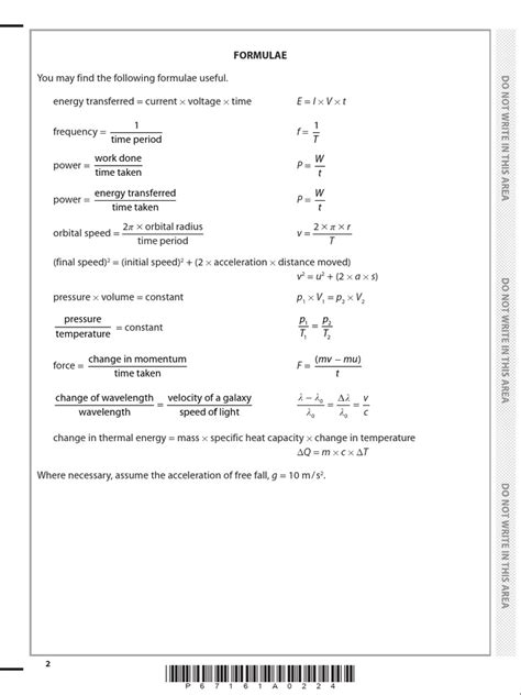 Paper 2 Formula Sheet 1 Pdf