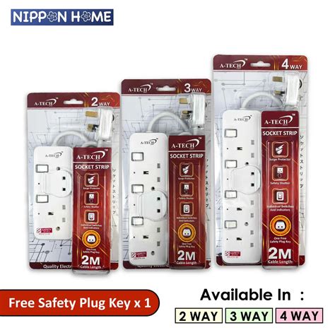 Electrical A Tech 2 Metre Cable Length Socket Strip With Surge Protector Free 1 Safety Plug