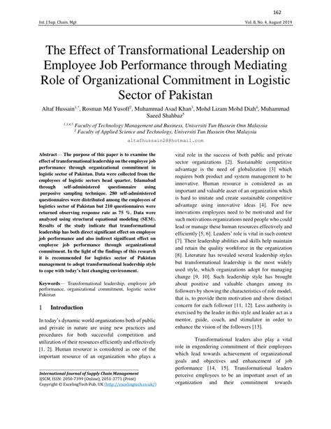 Pdf The Effect Of Transformational Leadership On Employee Job Performance Through Mediating