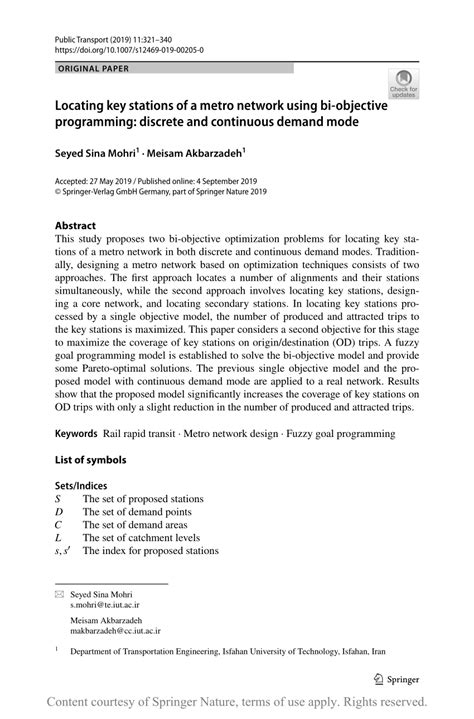 Locating Key Stations Of A Metro Network Using Bi Objective Programming Discrete And Continuous