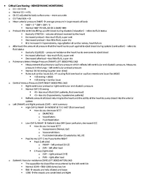 Exam Cc Study Guide Critical Care Nursing HEMODYNAMIC MONITORING O CO SV X HR O Normal