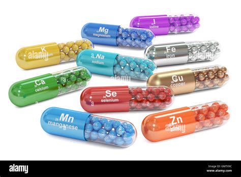 Capsules With Mn Ca K Se Zn Cu Fe Mg I Na Element Dietary Supplement 3d Rendering