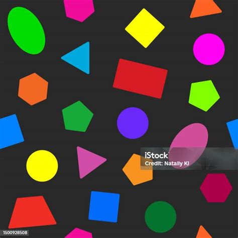 기하학적 다색 모양은 원형 삼각형 타원형 사다리꼴 직사각형 마름모 검은색 또는 흑연 배경에 다면체입니다 원활한 패턴 절취 벡터 그림입니다 0명에 대한 스톡 벡터 아트 및