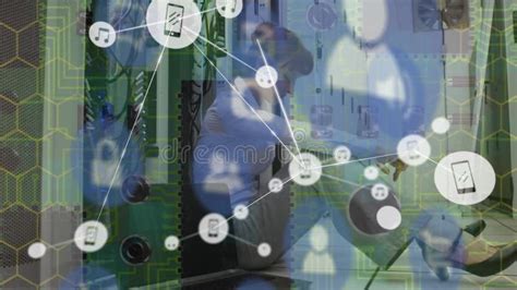 Animation Of Network Of Connections With Icons Over Caucasian Female It Engineer Stock Video