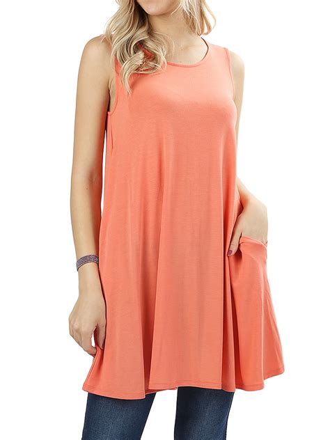 Women And Plus Round Neck Sleeveless Flowy Tunic Top With Side Pockets