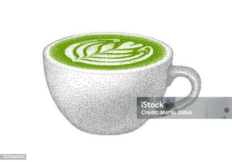 말차 라떼 화이트 컵에 우유를 곁들인 녹차 사실적인 스케치 전통 일본 음료 녹차 음료 손으로 그린 벡터 그림입니다 0명에 대한 스톡 벡터 아트 및 기타 이미지 Istock