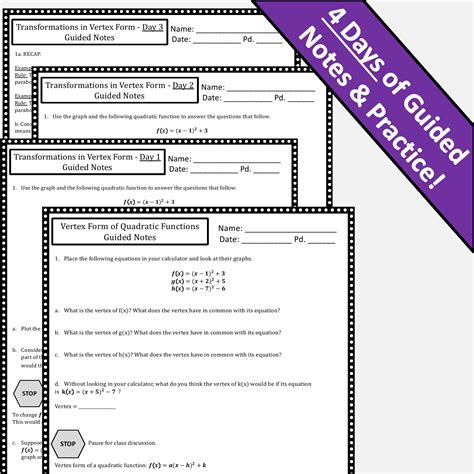 Vertex Form Of Quadratic Functions Notes And Practice Lauren Fulton Math