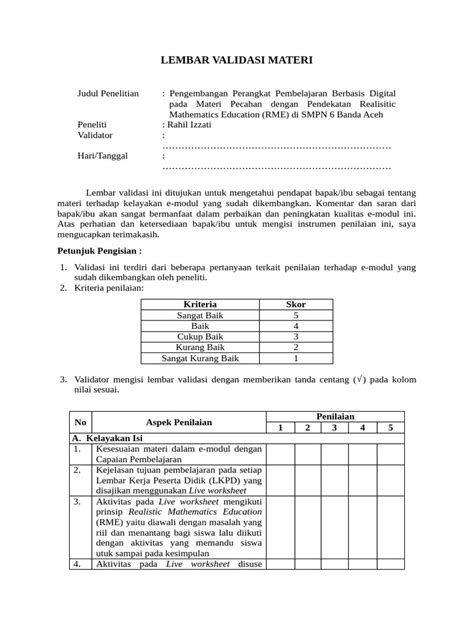 Lembar Validasi Materi Persamaan Garis Lurus Pdf