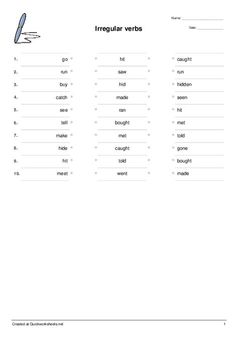 Irregular Verbs Matching Triples Worksheet Quickworksheets