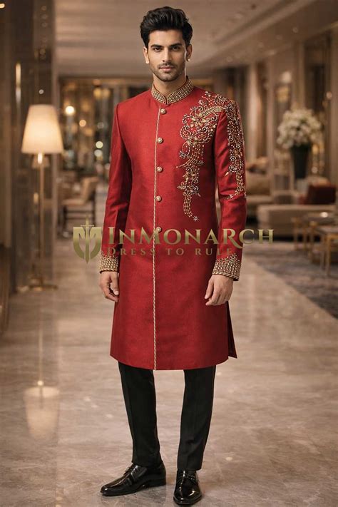 Maroon Indo Western Outfit For Groom Designer Formal Wear Inmonarch