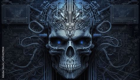 Artificial Intelligence Electronic Circuit Board With Alien Skull Processor Evil Dark