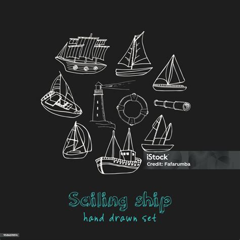 범선 손으로 그려진된 낙서 세트 스케치입니다 디자인 및 패키지 제품에 대 한 벡터 일러스트입니다 기호 컬렉션입니다 흰색 바탕에 절연된 요소 갤리온선에 대한 스톡 벡터 아트