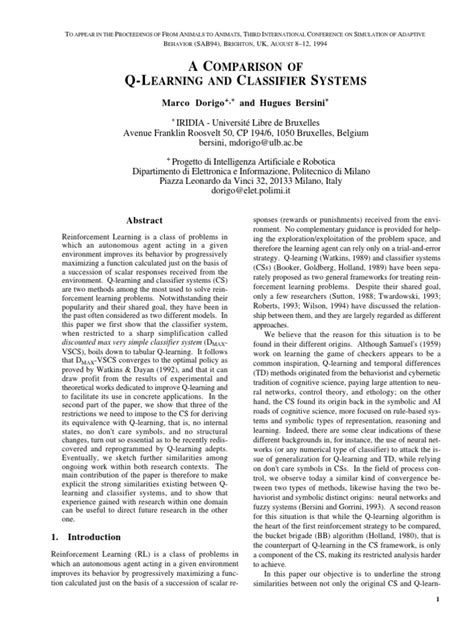 A Comparison Of Q Learning And Classifier Systems Pdf Cognitive Science Cognition