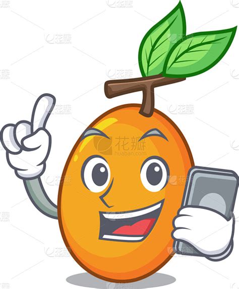 熟的李子黄色叶子电话机卡通酸可爱的清新食品