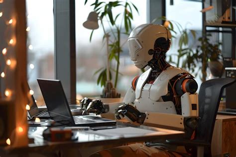 Robotic Programmer Coding Diligently At Futuristic Workspace Premium Ai Generated Image