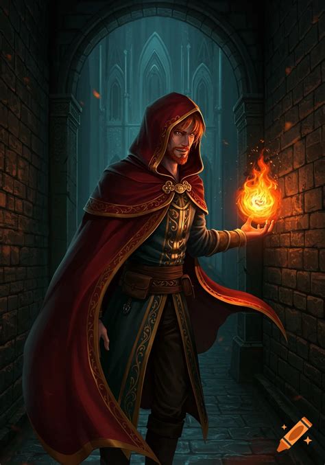 A Hooded Wizard With A Red Cloak And Golden Trim Walks Through A Dark Arched Dungeon Hallway