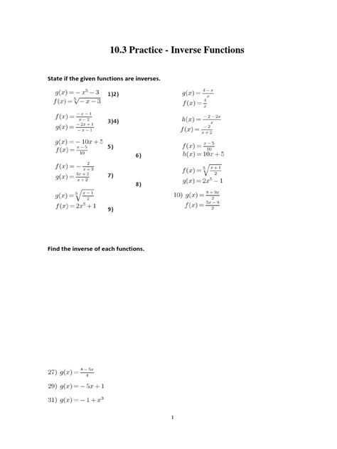 Inverse Functions Practice Pdf