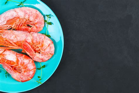 대형 로얄 원시 냉동 백 리 향과 파란색 접시에 새우와 바 질 콘크리트 테이블에 붉은 새우 최고의 볼 수 있습니다 갑각류에 대한 스톡 사진 및 기타 이미지 Istock