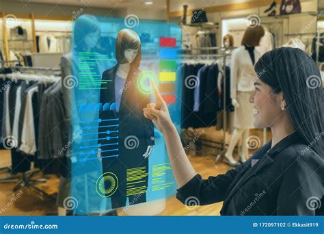 Iot Smart Retail Futuristic Technology Concept Happy Girl Try To Use Smart Display With Virtual