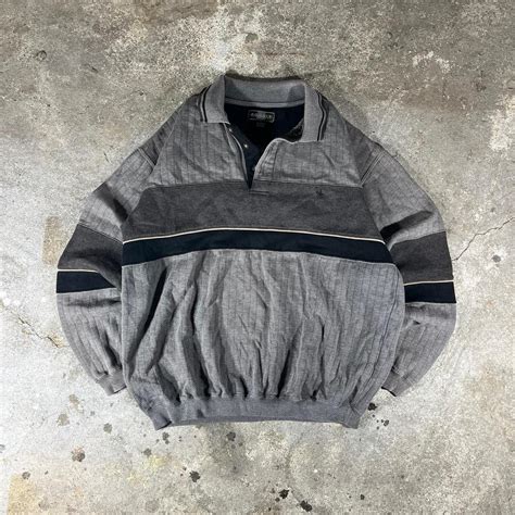 Vintage 90s Grey And Black Striped Vintage Knit Polo Depop