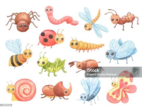 만화 곤충 세트입니다 귀여운 개미 메뚜기 달팽이 흰색으로 분리된 유치한 수채화 그림 귀여운에 대한 스톡 벡터 아트 및 기타
