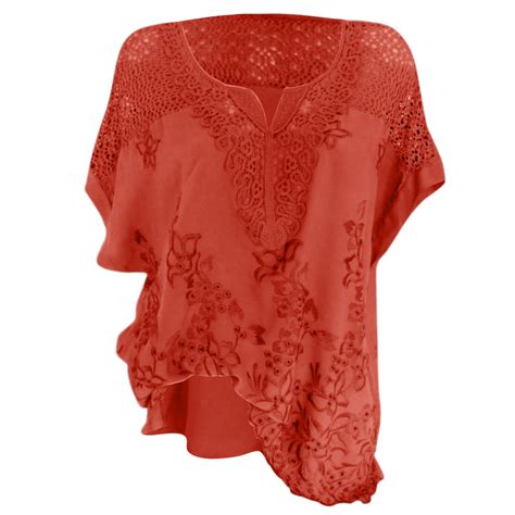Womens Plus Size Topswomen Lace Hollow Lace V Neck Embroidered Short