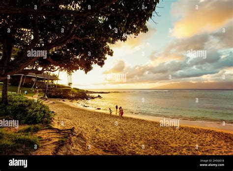 Tourists Enjoying Kapalua Beach On Kapalua Bay At Sunset Kapalua Maui
