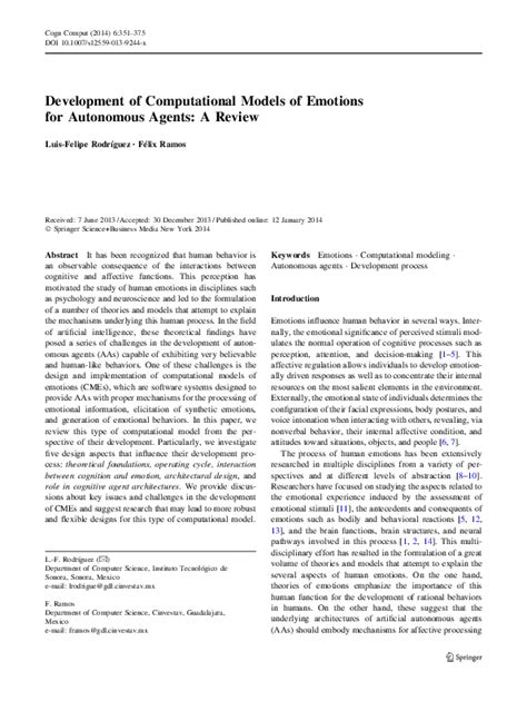 Pdf Development Of Computational Models Of Emotions For Autonomous