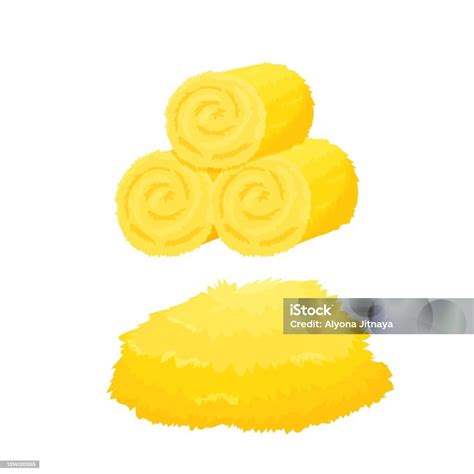 건초의 드라이 베일 세트 흰색 배경에 고립 된 만화 스타일의 건초 롤 더미 짚 스택 농업 수확 농장 작업 재고 벡터 일러스트