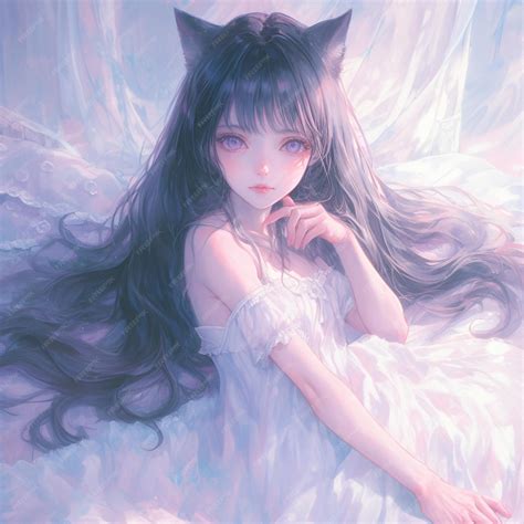 Premium Photo Anime Girl With Long Hair Laying On A Bed With A Cats