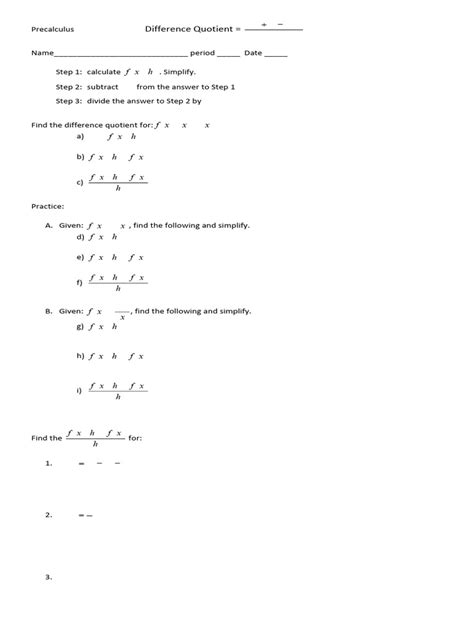 22 A Difference Quotient Worksheet Pdf