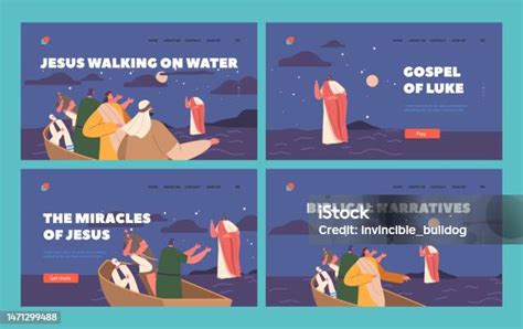성경 방문 페이지 템플릿 세트입니다 예수 파도에 둘러싸인 물 위를 걷고 제자들과 함께 배를 타고 기도하기에 대한 스톡 벡터 아트 및 기타 이미지 Istock